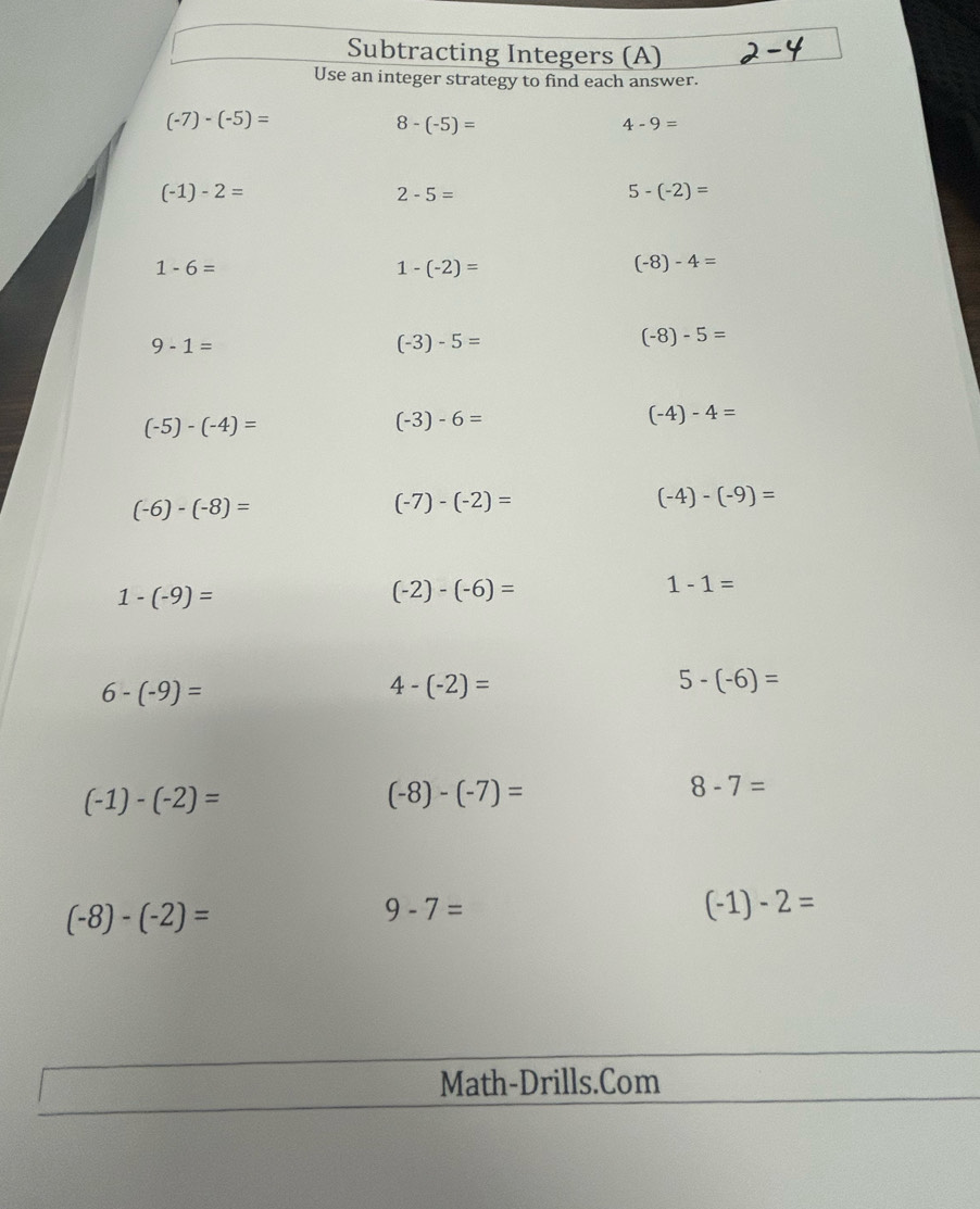 Solved: Subtracting Integers (A) Use an integer strategy to find each ...