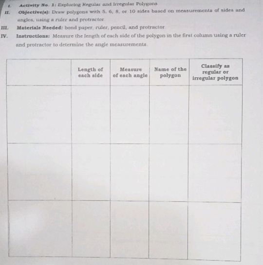 Solved: Activity No. 1: Exploring Regular and Irregular Polygons II. Objective(s): Draw polygons ...