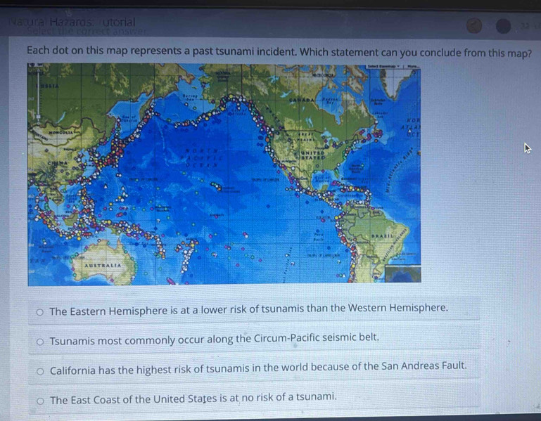 Solved: Natura) Hazards: (utorial e 32 0 Each dot on this map ...