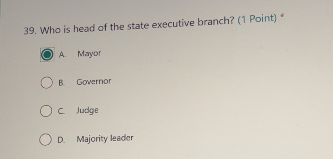 Solved: Who is head of the state executive branch? (1 Point) * A. Mayor ...
