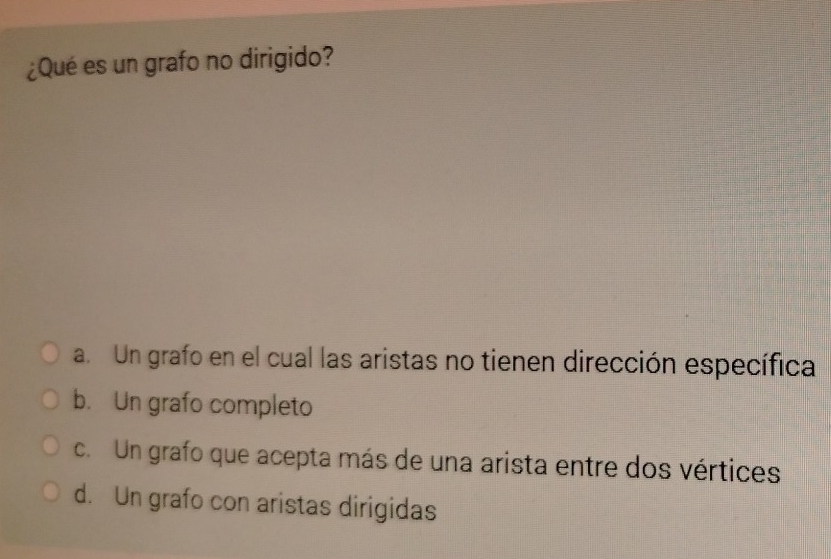 Resuelto:¿Qué es un grafo no dirigido? a. Un grafo en el cual las ...