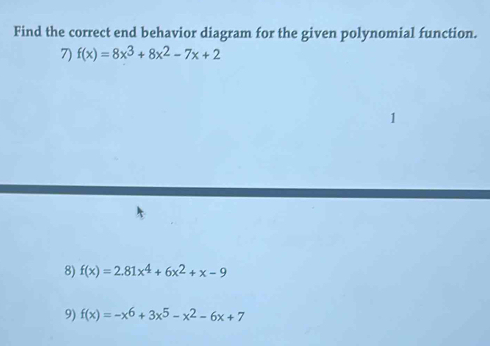 Solved: Find the correct end behavior diagram for the given polynomial function. 7) f(x)=8x^3+8x ...