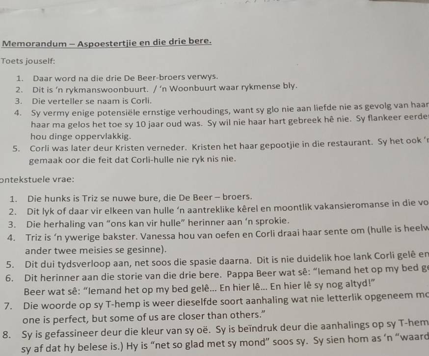 Solved: Memorandum - Aspoestertjie en die drie bere. Toets jouself: 1 ...