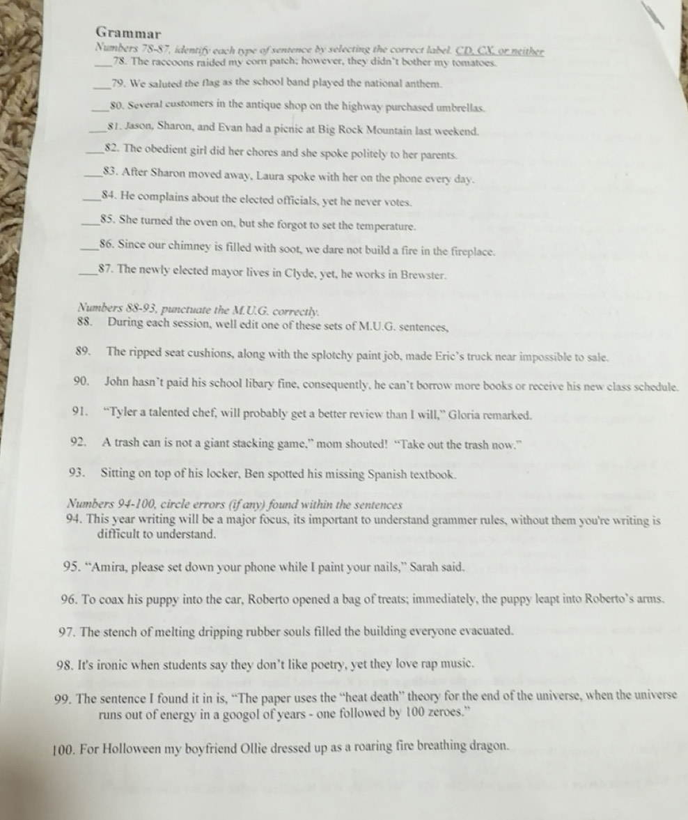 Solved: Grammar Numbers 78-87, identify each type of sentence by ...