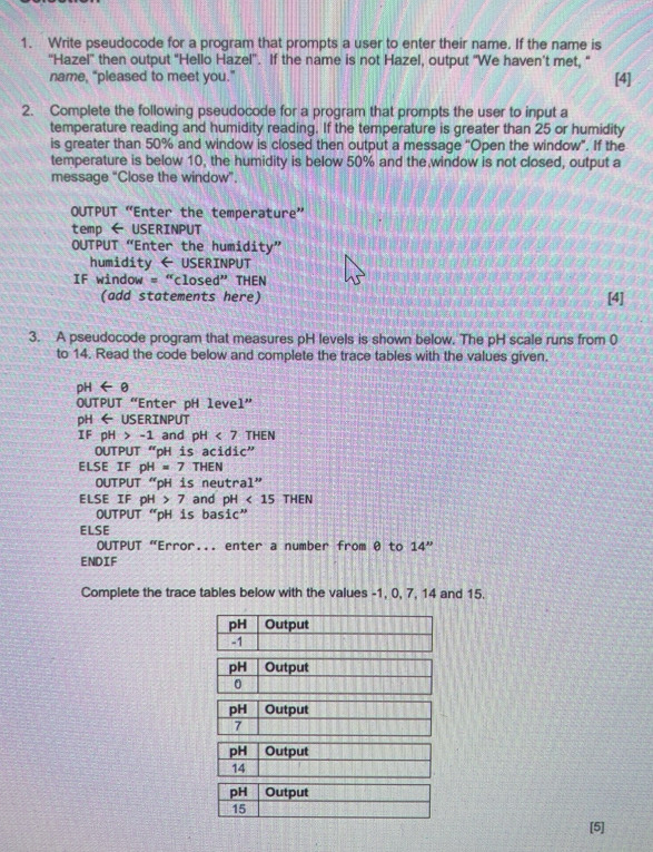 Solved: Write pseudocode for a program that prompts a user to enter ...