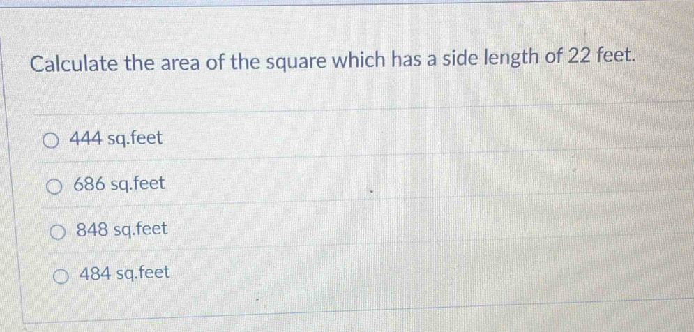 Solved: Calculate the area of the square which has a side length of 22 ...