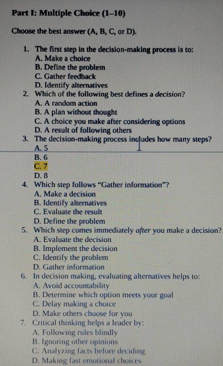 Solved: (1-10) Choose the best answer (A, B, C, or D). 1. The first ...