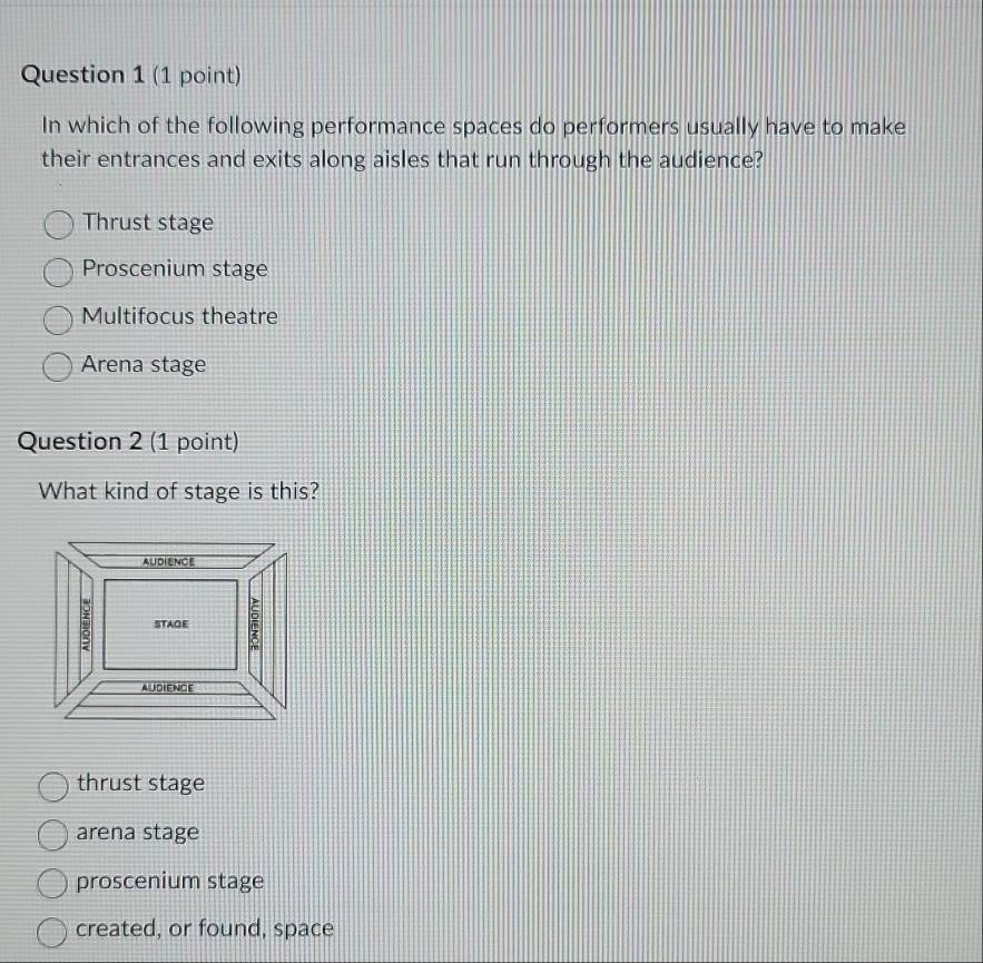 Solved: In which of the following performance spaces do performers ...