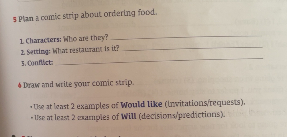 Resuelto:Plan a comic strip about ordering food. 1. Characters: Who are ...