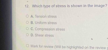 Solved: Which type of stress is shown in the image? A. Tension stress B ...