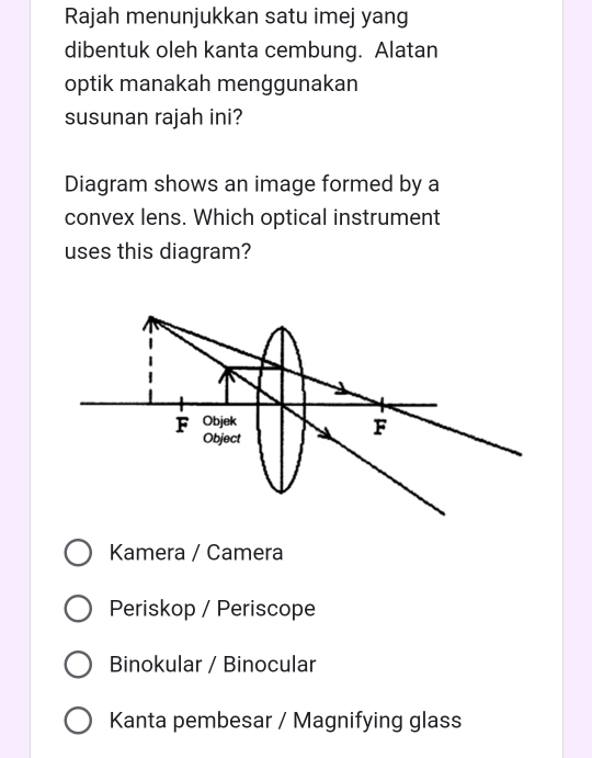 Selesai:Rajah menunjukkan satu imej yang dibentuk oleh kanta cembung ...
