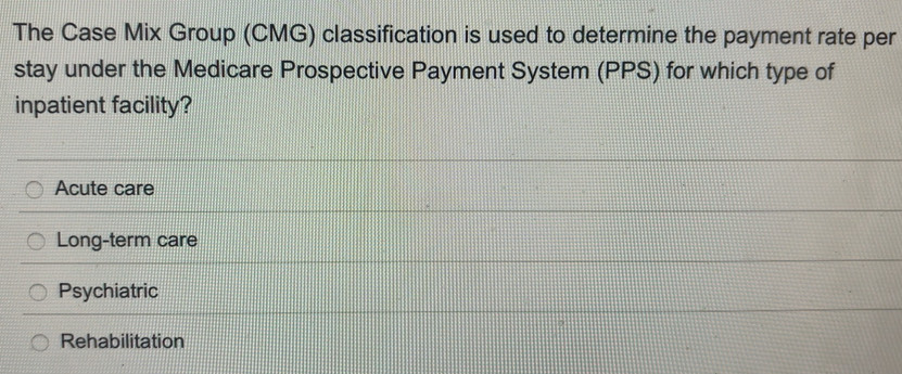 Solved: The Case Mix Group (CMG) classification is used to determine ...