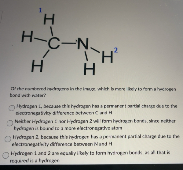 Solved: Of the numbered hydrogens in the image, which is more likely to ...