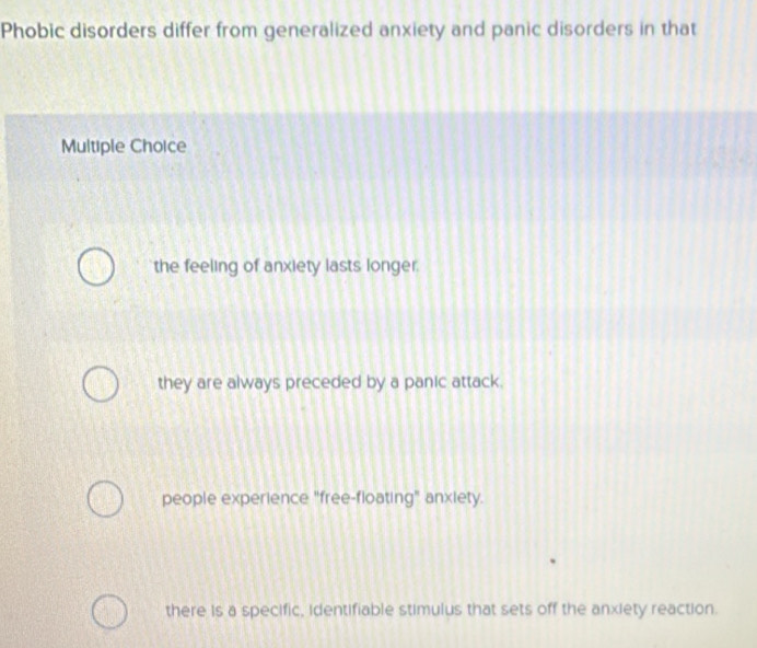 Solved: Phobic disorders differ from generalized anxiety and panic ...
