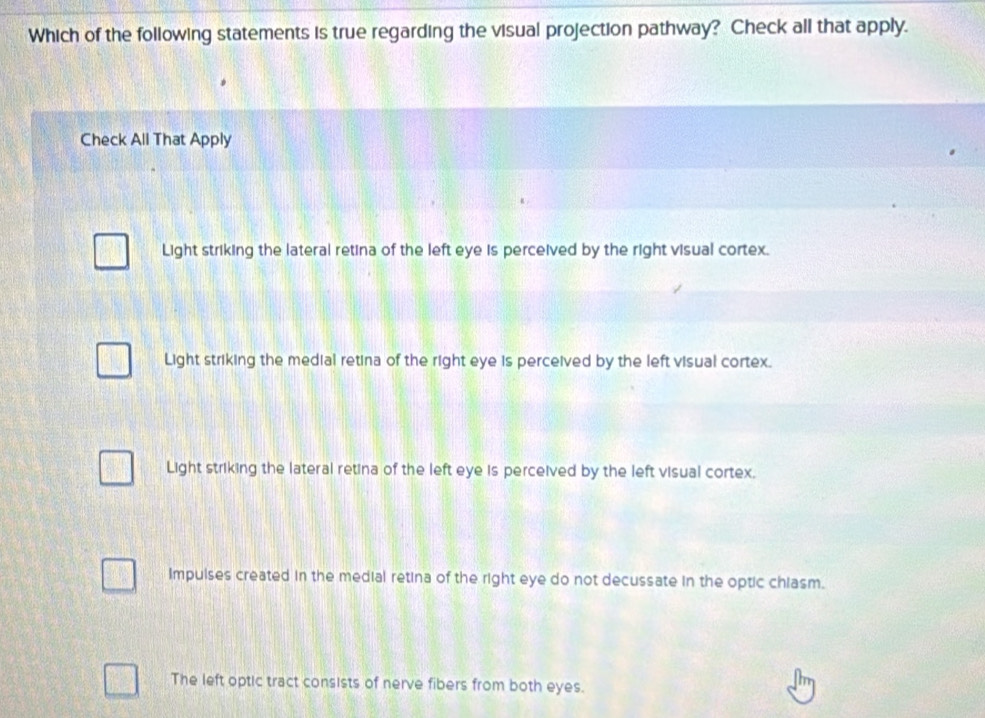 Solved: Which of the following statements is true regarding the visual ...