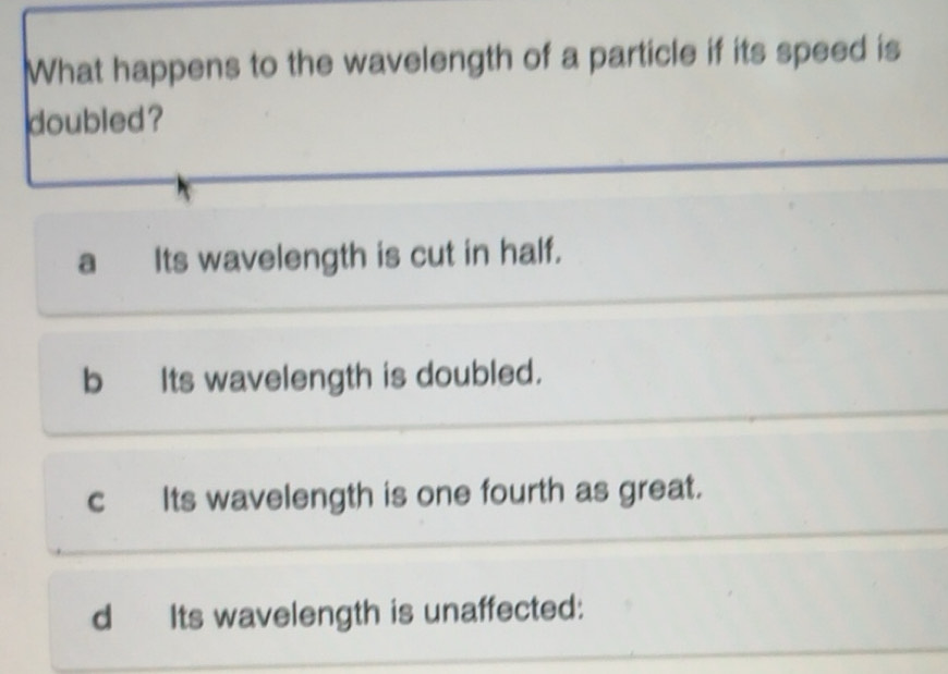 Solved: What happens to the wavelength of a particle if its speed is ...