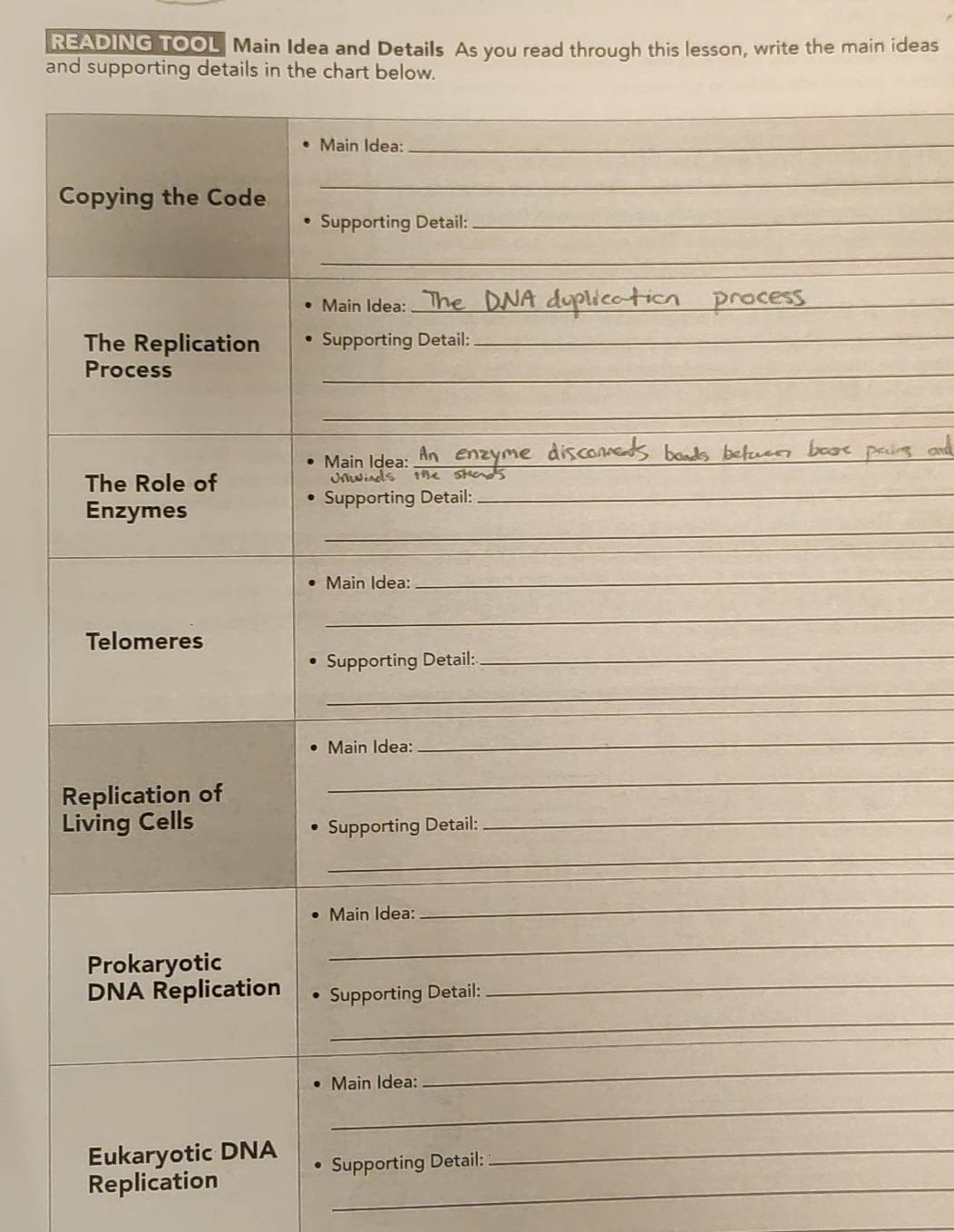 Gelöst:READING TOOL Main Idea and Details As you read through this ...