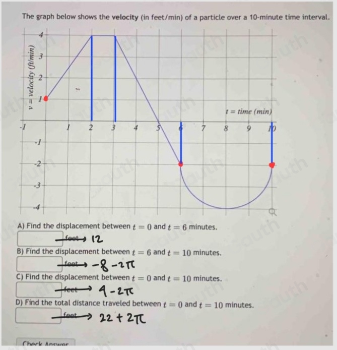 Solved: The graph below shows the velocity (in feet/min) of a particle over a 10-minute time ...