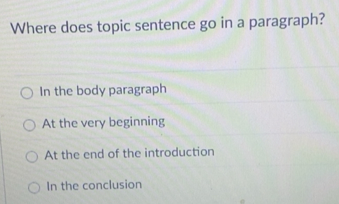Solved: Where does topic sentence go in a paragraph? In the body ...