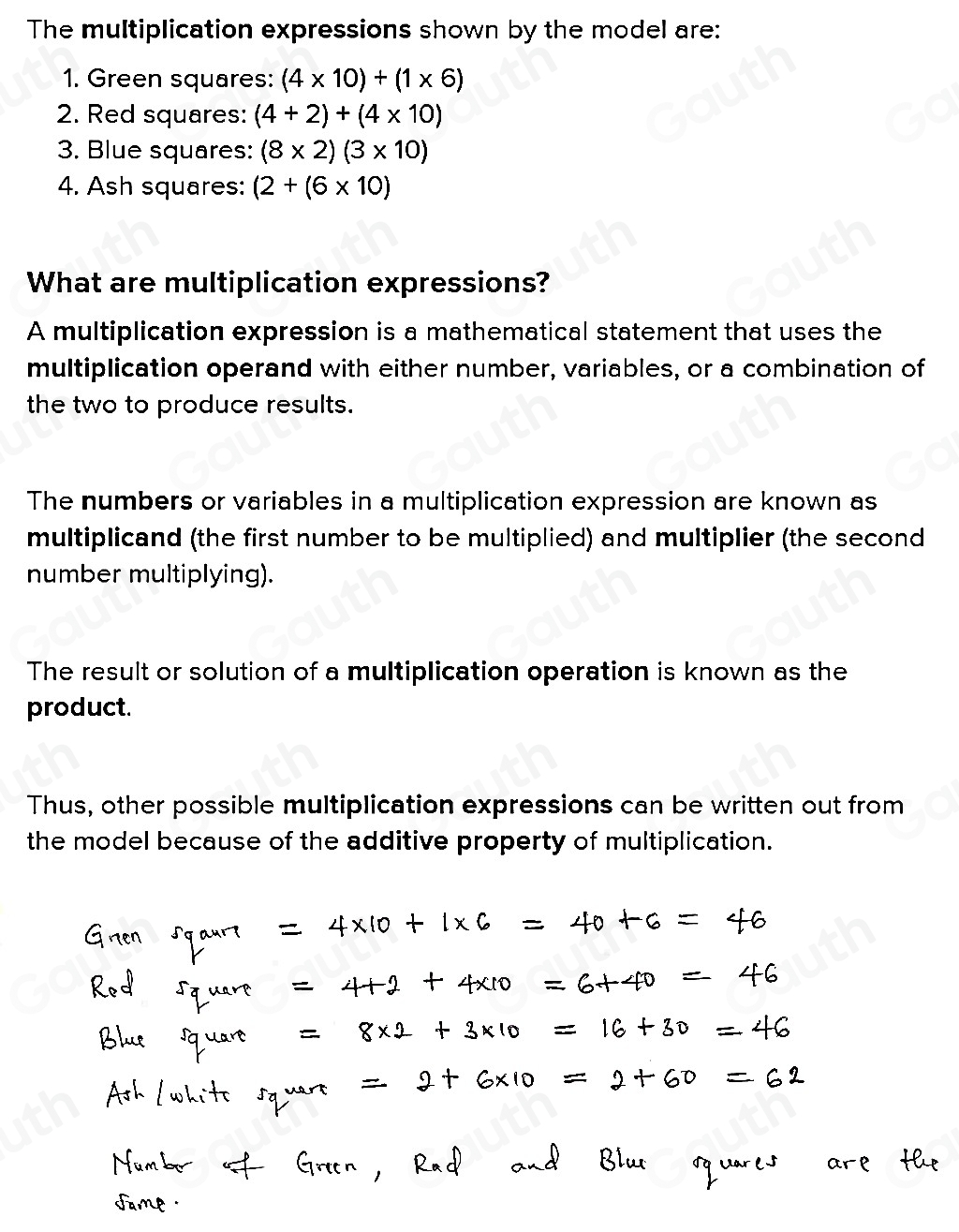 Solved: Write the multiplication expression shown by the model. Do not ...