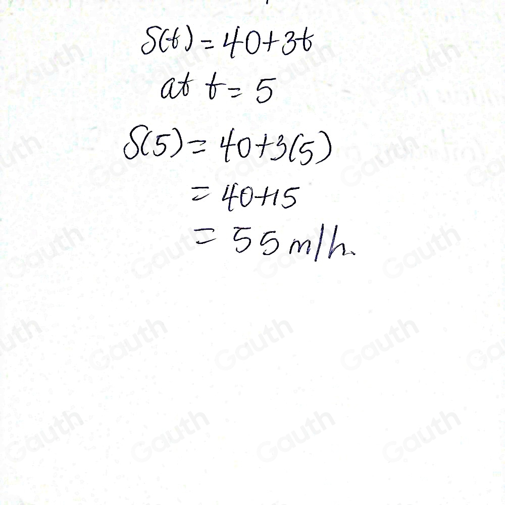 Solved: s=40+3t The equation gives the speed s, in miles per hour, of a ...