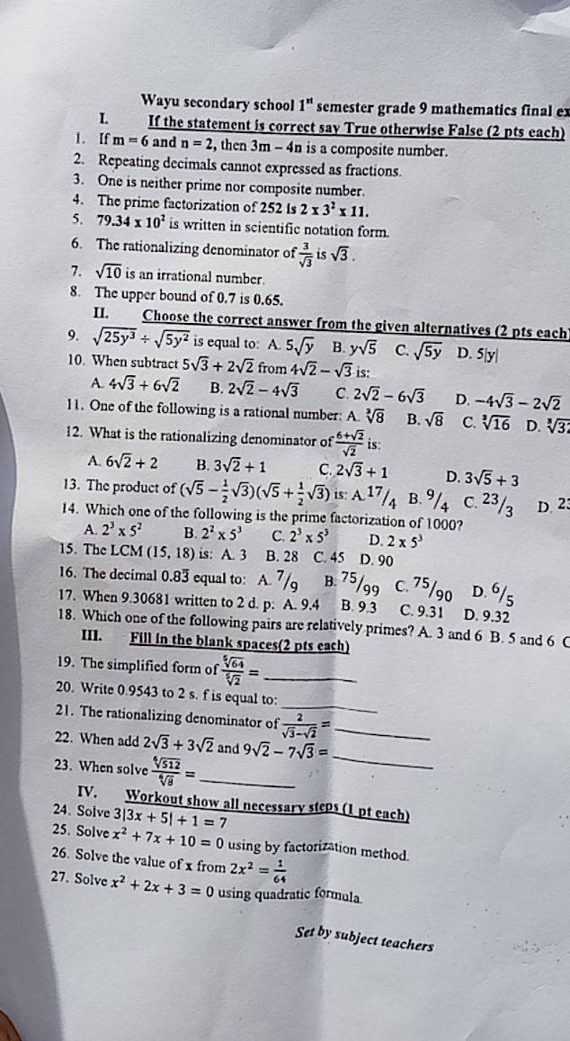 Gelöst:Wayu secondary school 1^(st) semester grade 9 mathematics final ...