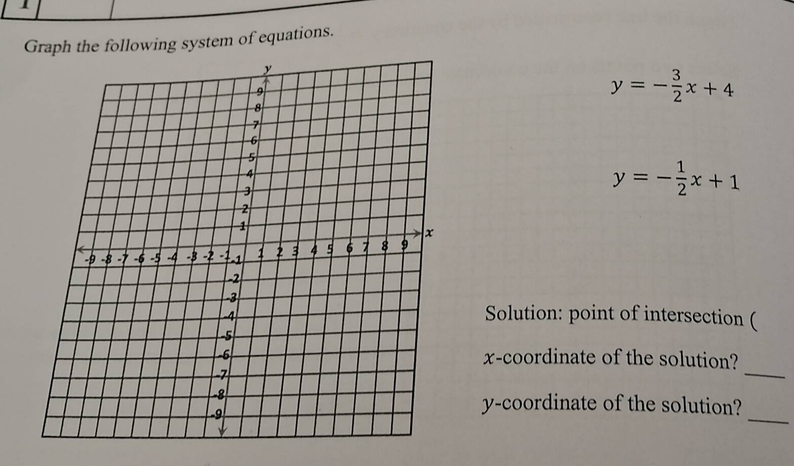 Solved: Graph the following system of equations. y=- 3/2 x+4 y=- 1/2 x+ ...