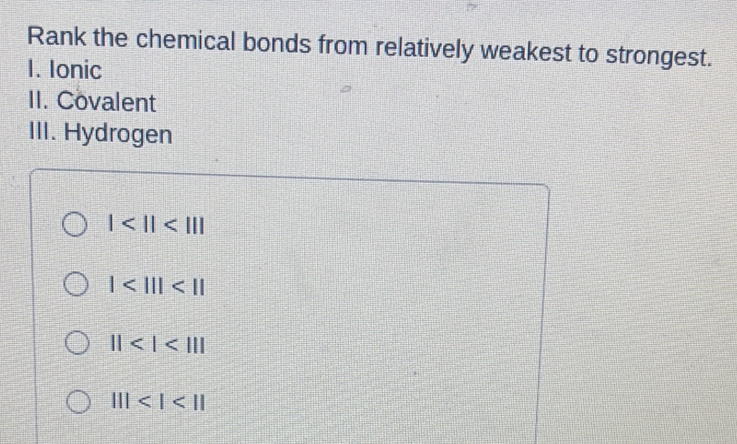 Solved: Rank the chemical bonds from relatively weakest to strongest. 1 ...