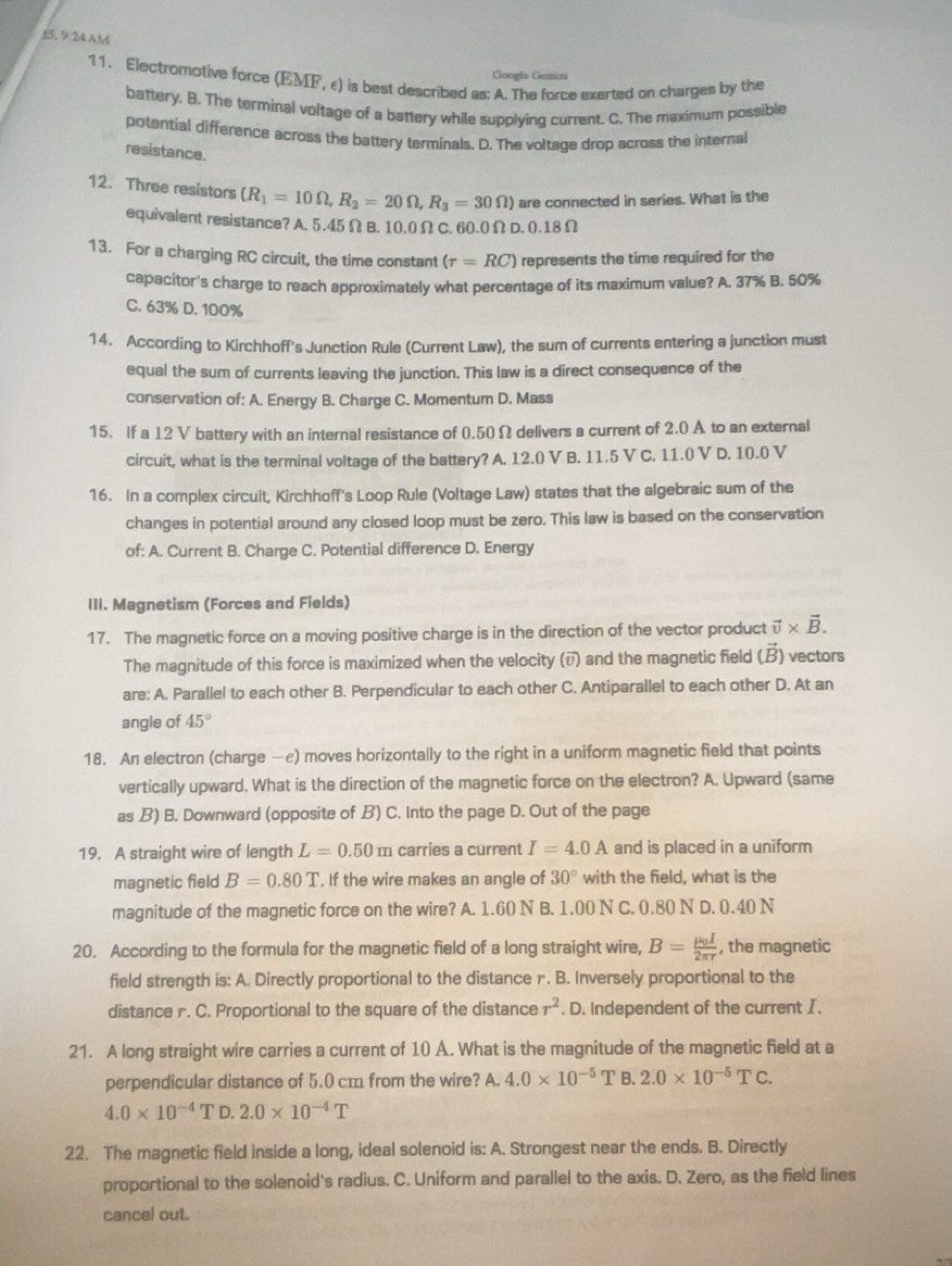 Solved: 9.24 AM 11. Electromotive force (EMF, ε) is best described as ...