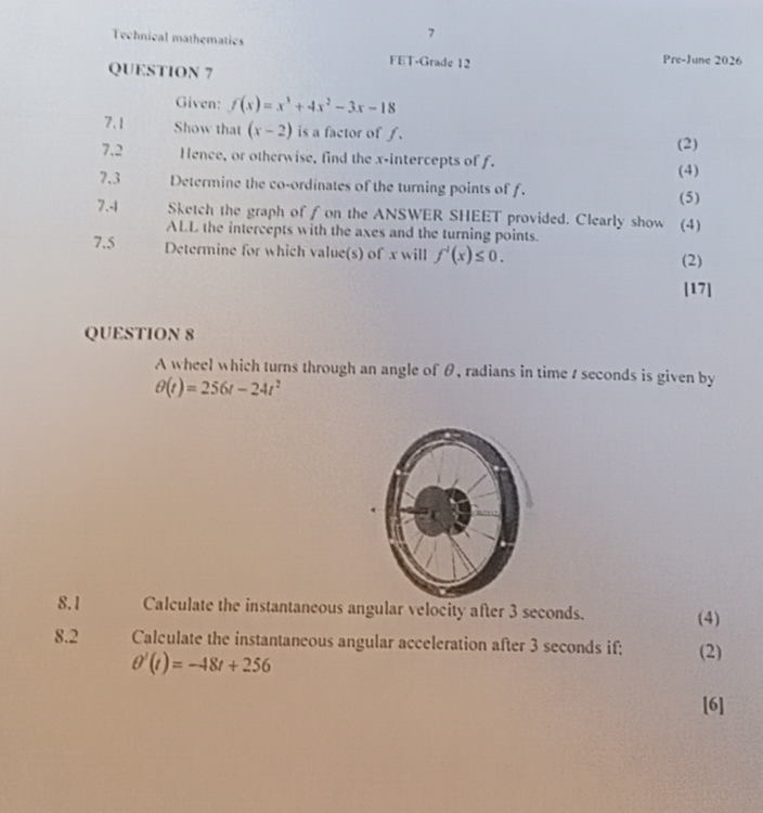 Solved: Technical mathematics 7 FET-Grade 12 Pre-June 2026 QUESTION 7 ...