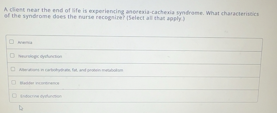 Solved: A client near the end of life is experiencing anorexia-cachexia ...