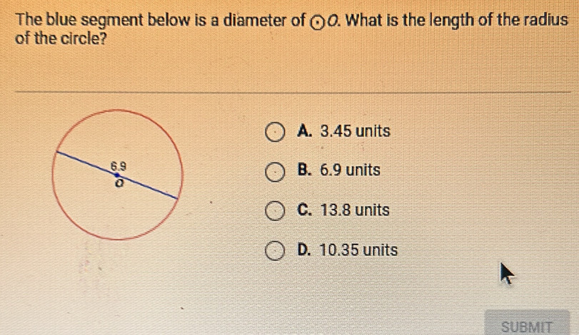 Solved: The blue segment below is a diameter of odot O. . What is the ...