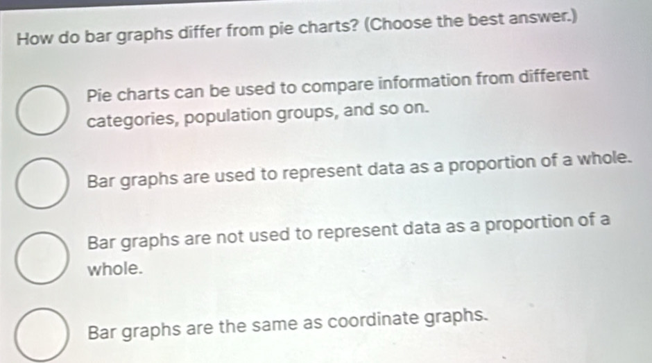 Solved: How do bar graphs differ from pie charts? (Choose the best ...