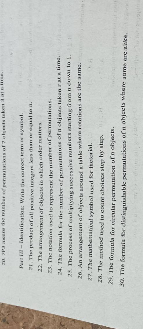 Solved: 7P3 means the number of permutations of 7 objects taken 3 at a ...