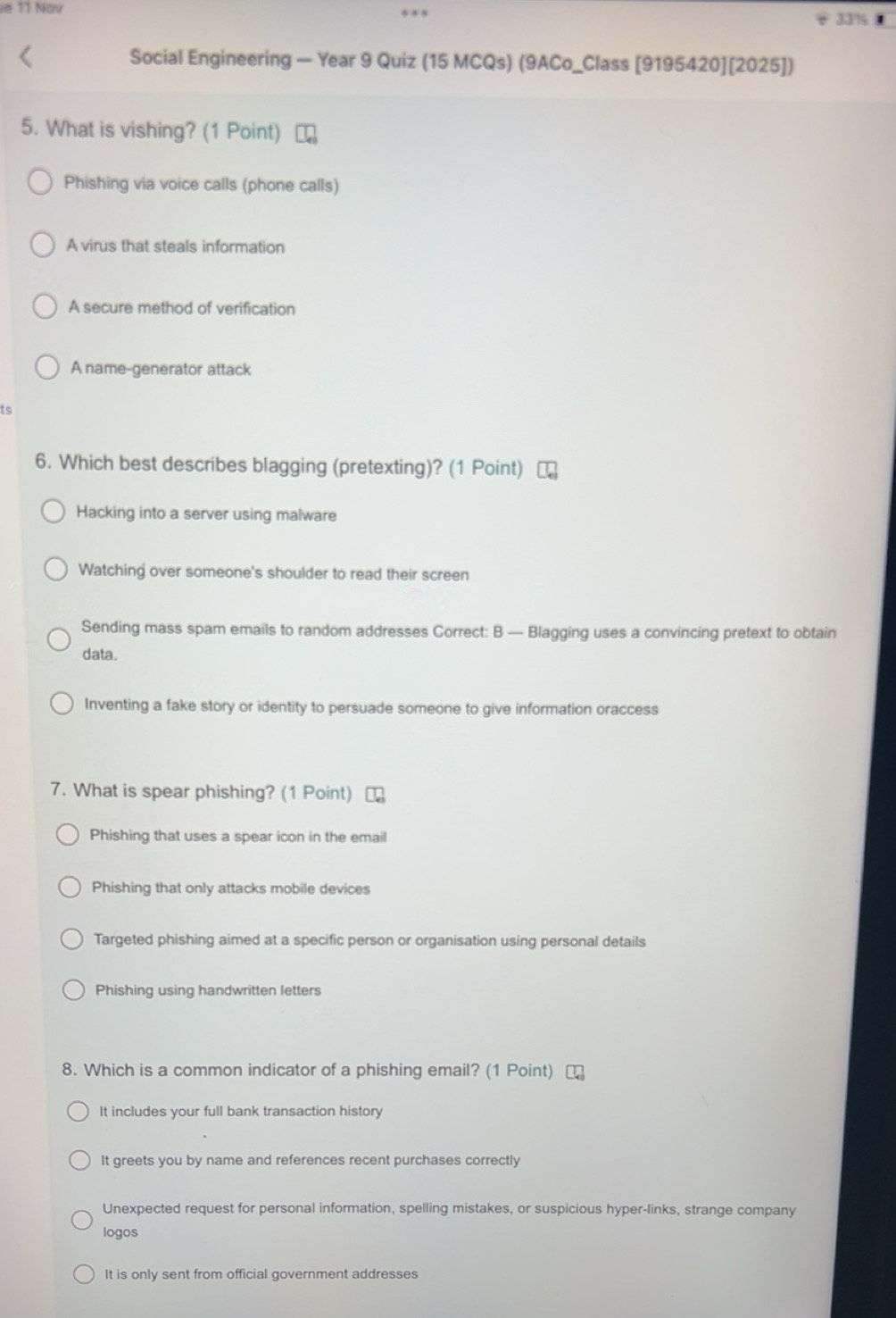 Resuelto:le 11 Nav JJ14 Social Engineering — Year 9 Quiz (15 MCQs ...