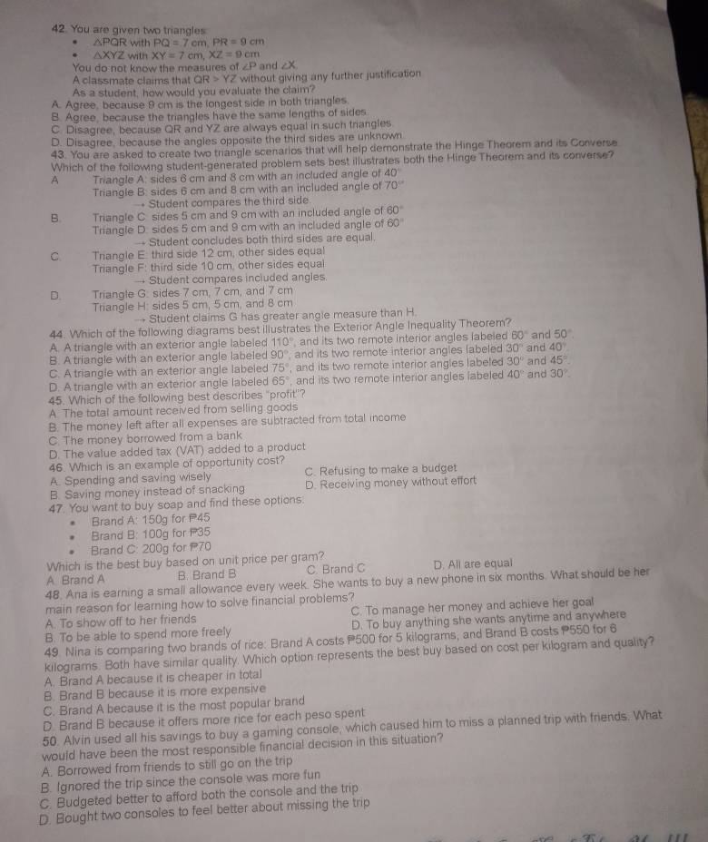 Solved: You are given two triangles PQR with PQ=7cm,PR=9cm XYZ with XY ...