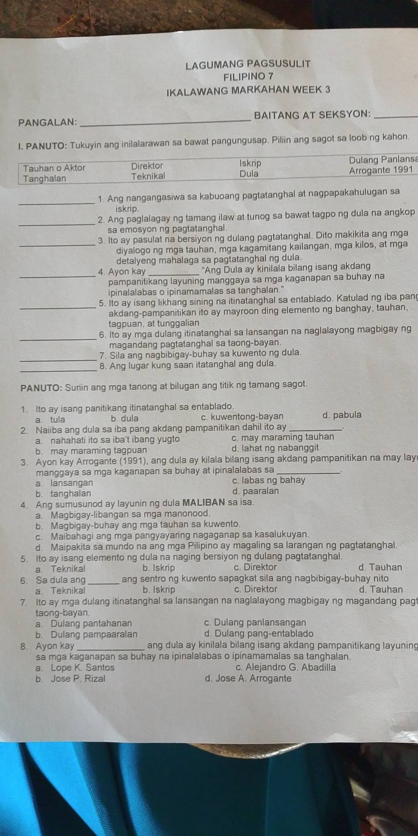 Solved: LAGUMANG PAGSUSULIT FILIPINO 7 IKALAWANG MARKAHAN WEEK 3 ...