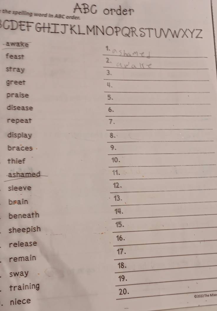 Solved: ABC order the spelling word in ABC order. BGDEF GHIJ KL ...