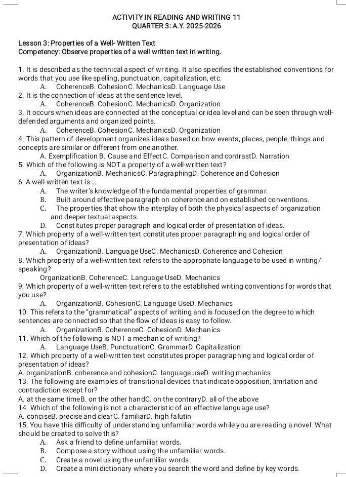 Solved: ACTIVITY IN READING AND WRITING 11 QUARTER 3: A.Y. 2025-2026 ...