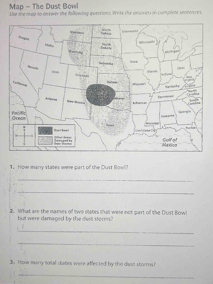 Solved: Map - The Dust Bow! Use the map to answer the following ...