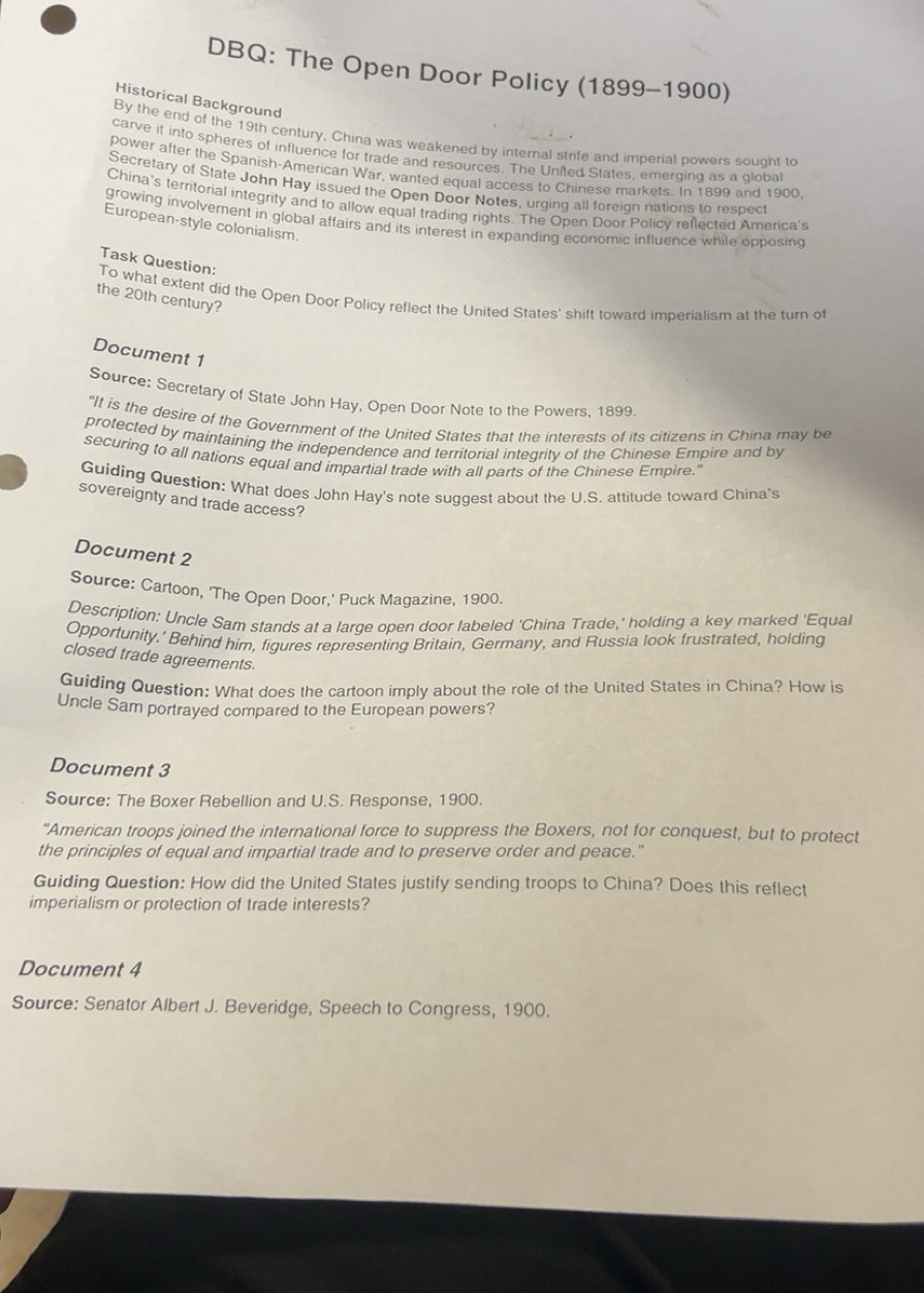 Solved: DBQ: The Open Door Policy (1899-1900) Historical Background By ...
