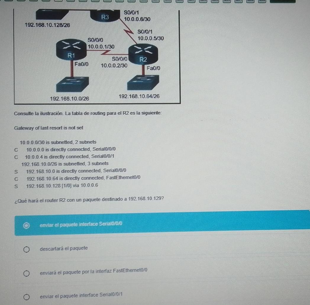 Resuelto:Consulte la ilustración. La tabla de routing para el R2 es la ...