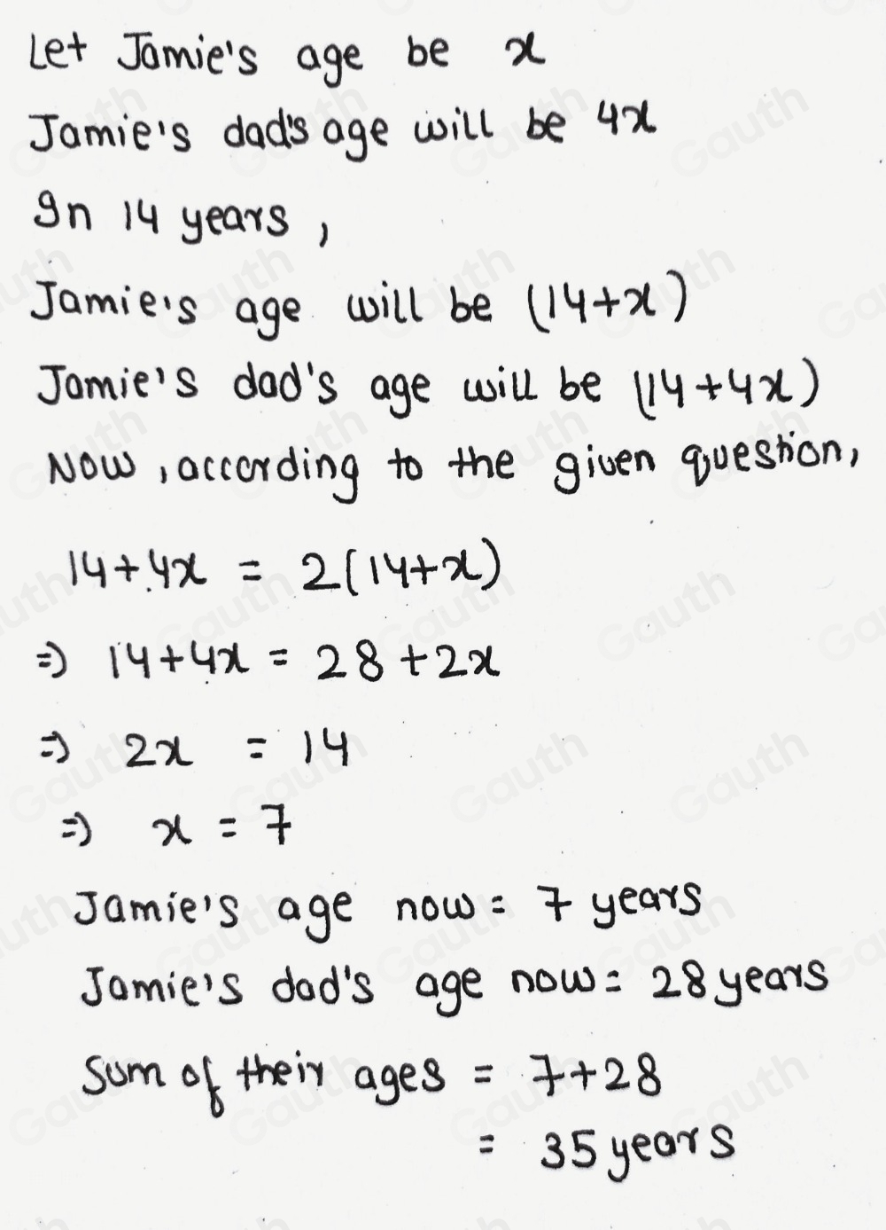 Solved: Jamie's dad is 4 times older than Jamie. In 14 years time, Jamie's dad will be twice the ...