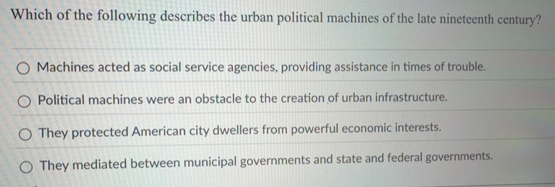 Solved: Which of the following describes the urban political machines ...
