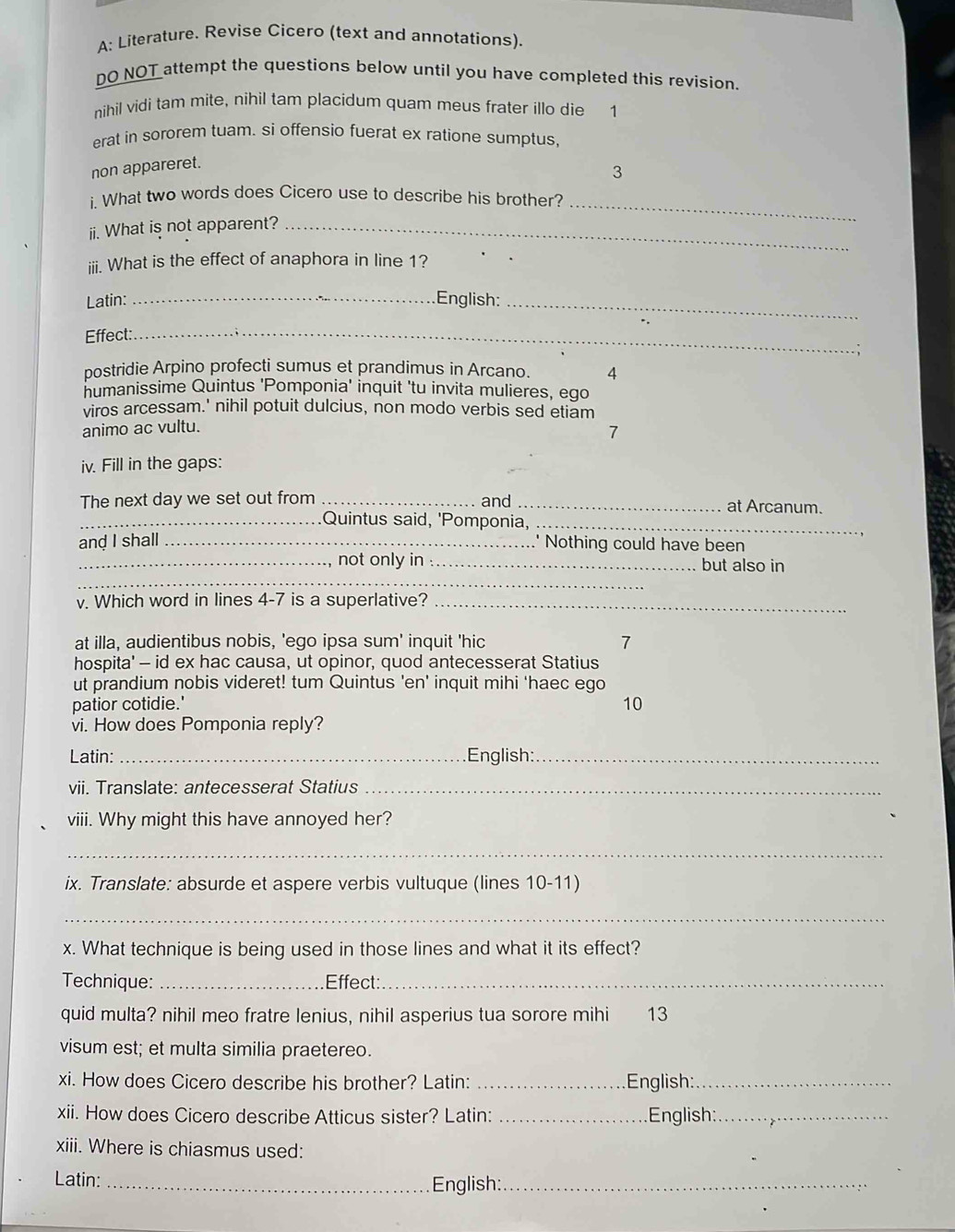 Solved: A: Literature. Revise Cicero (text and annotations). DO NOT ...