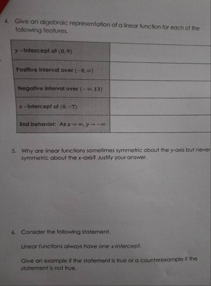 Solved: Give an aigebraic representation of a linear function for each ...