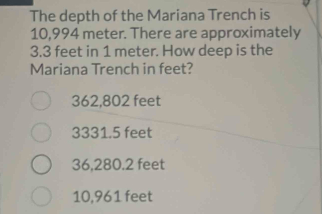 Solved: The depth of the Mariana Trench is 10,994 meter. There are ...