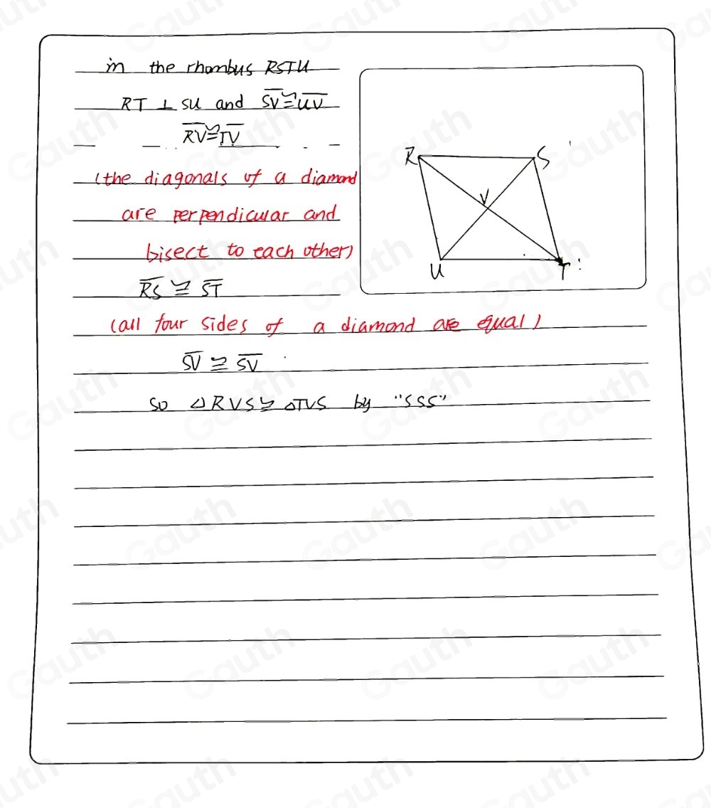 Solved: The diagram shows rhombus RSTU with diagonals overline RT and overline SU intersecting ...