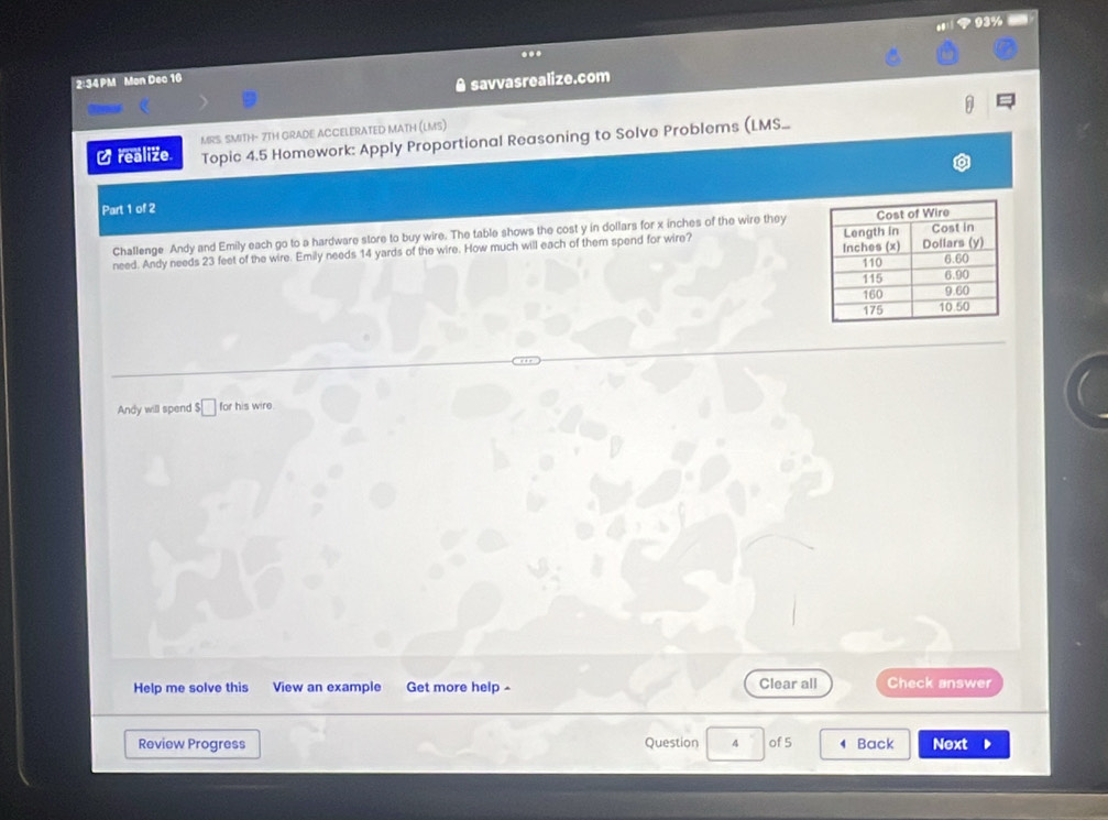 Solved: .. 2:34 PM Mon Dec 16 A savvasrealize.com -realize MRS SMITH ...