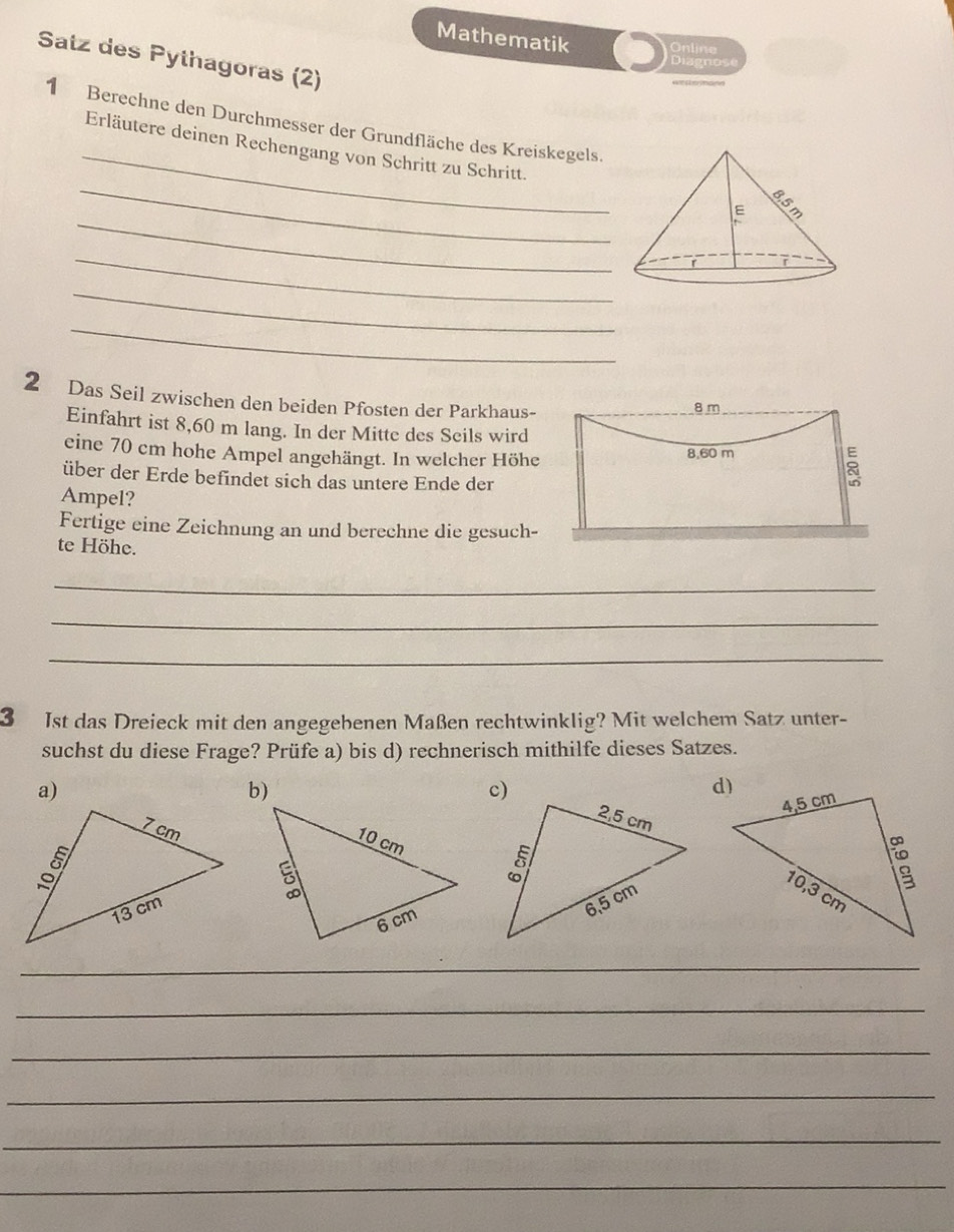 Gelöst:Mathematik Online Satz des Pythagoras (2) Diagnose _ 1 Berechne ...
